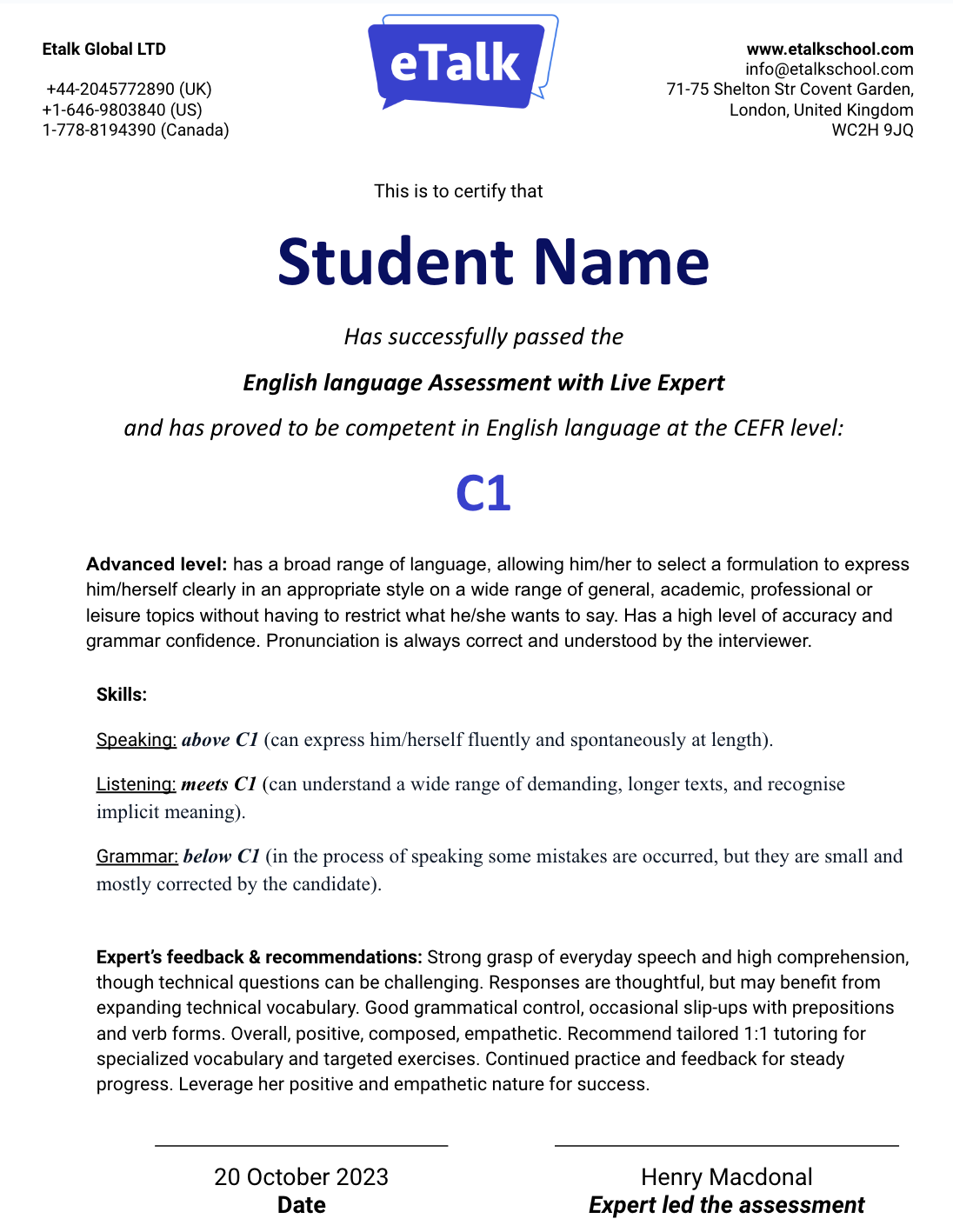 English language Assessment with Live Expert - eTalk